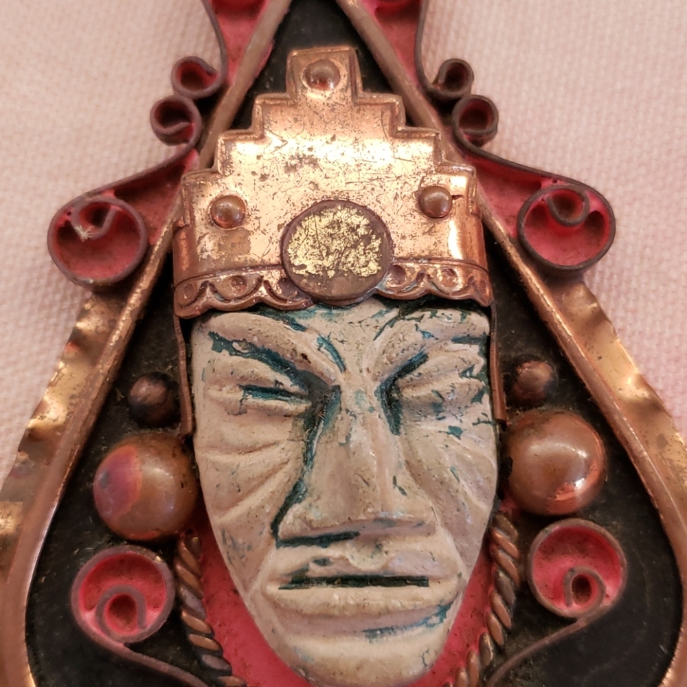 Vintage Mexican Aztec Mayan Tribal Face Copper - Gem